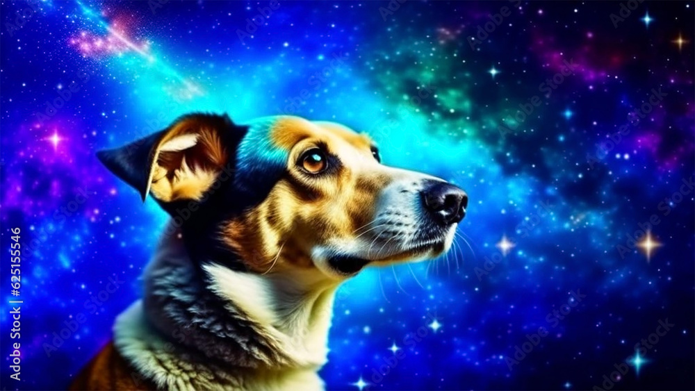 A Dog in galaxy universe on space glowing background.Animals in the ...