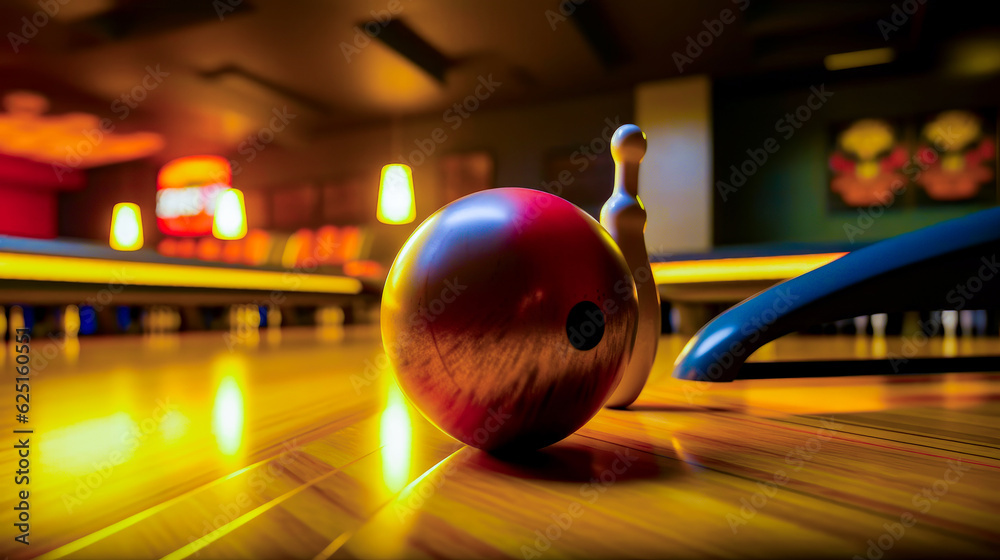 Bowling ball and bowling pin on bowling alley with bowling lanes in the ...