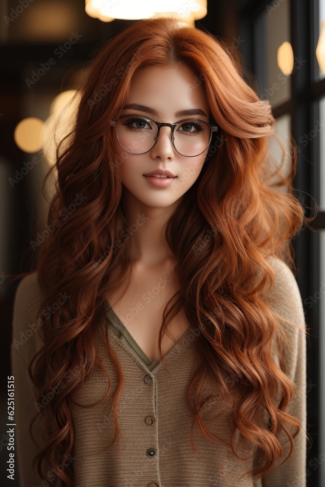 Super model in her early 20s with long dark red hair with glasses Stock ...