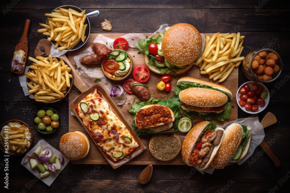 Foto de fast food table top view hamburger hot dog snack, ai generation ...