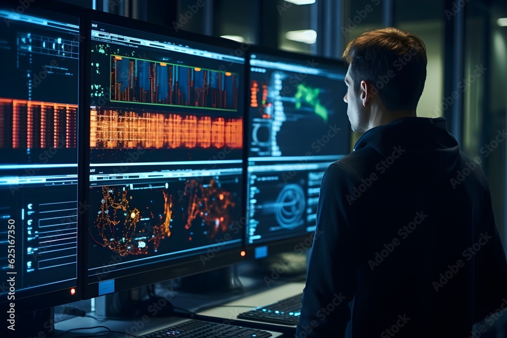 An engaging photo of a data center operator diligently checking the ...