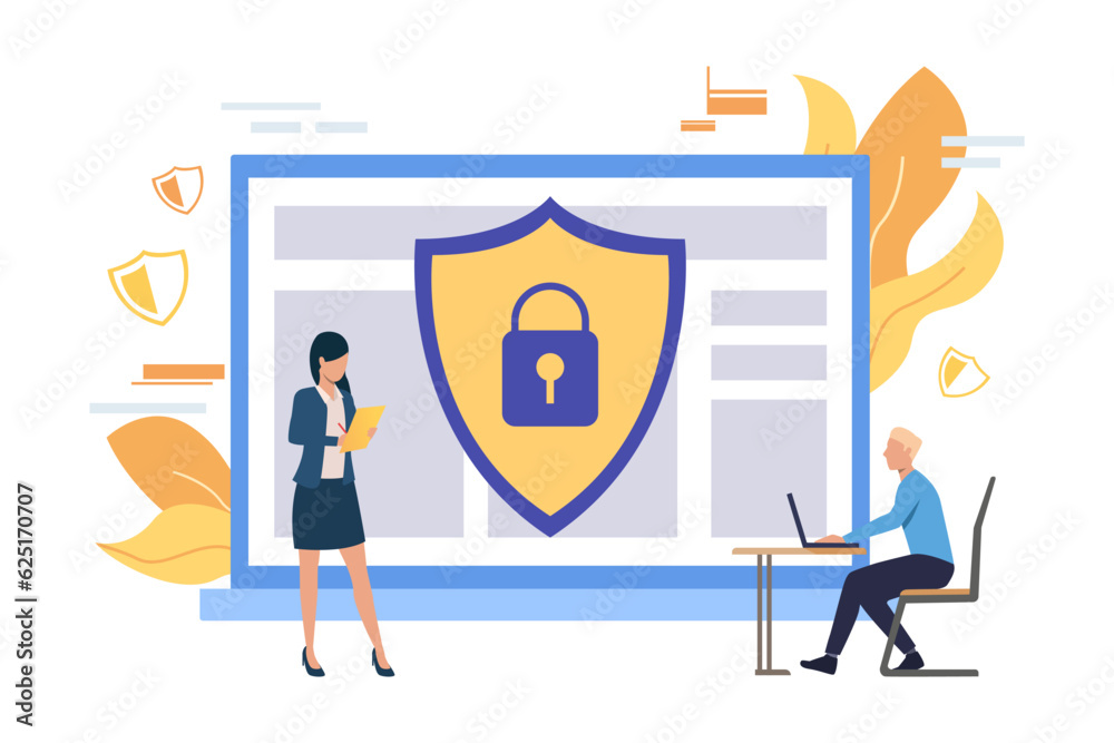 Computer protected with shield and padlock vector illustration. Workers ...