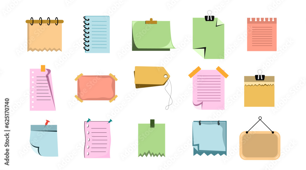 Paper notes on stickers, notepads and memo messages torn paper sheets ...