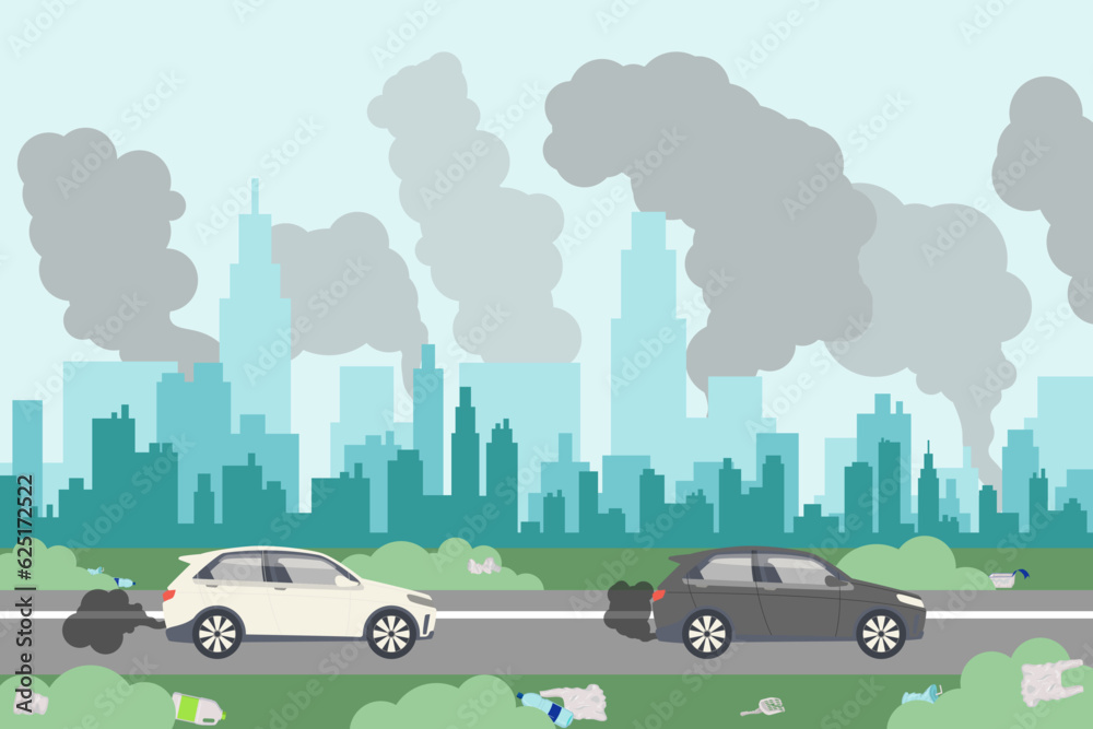 Cars driving in polluted city vector illustration. Smog in air ...