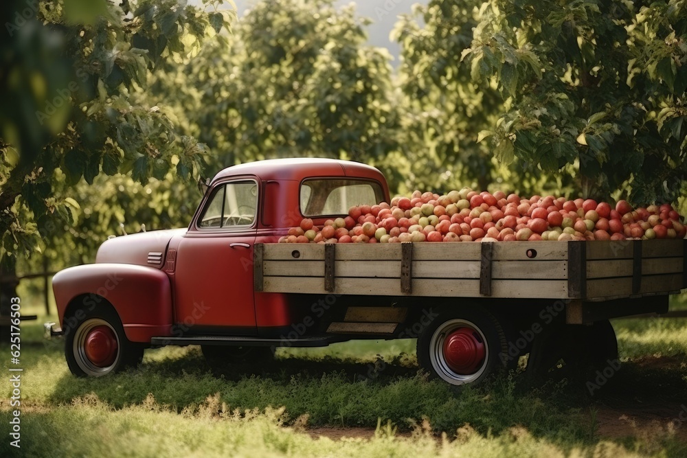 Pickup truck on a fruit plantation with apples harvest in the back ...