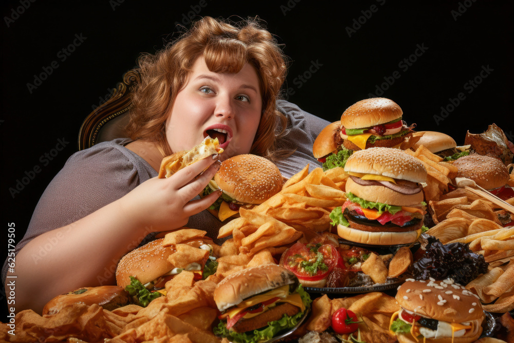 An extreme obese woman eating junk fast food and living a sedentary ...