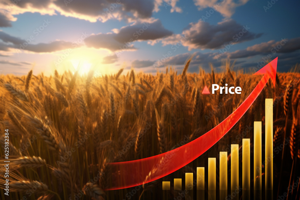 Crisis and wheat price increase. Shot of wheat fields with diagram and ...