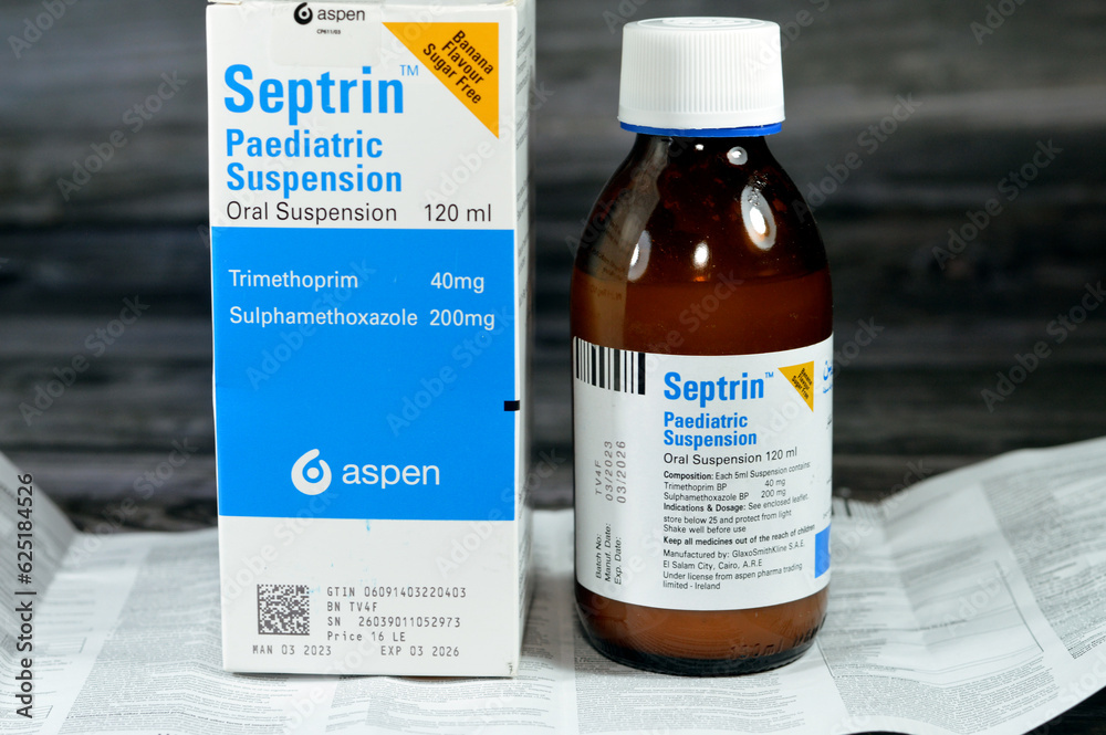Cairo, Egypt, July 10 2023: Septrin 40mg 200mg per 5ml Paediatric ...