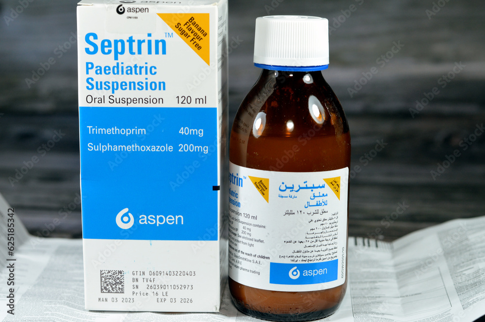 Cairo, Egypt, July 10 2023: Septrin 40mg 200mg per 5ml Paediatric ...