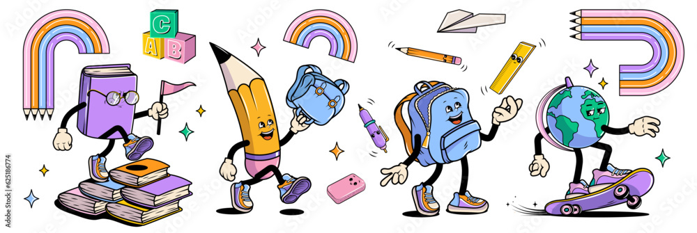 Back to school vector stickers set with walking funny cute comic ...