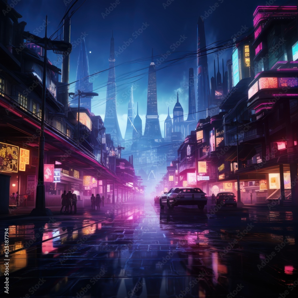 Fototapeta: Night Neon Cyberpunk City concept. Sci-Fi Futuristic City ... Fototapeta: Night Neon Cyberpunk City concept. Sci-Fi Futuristic City ...
