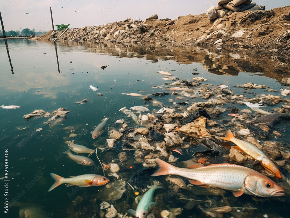 Dead fish in a polluted pond, poor ecology, environmental disaster ...