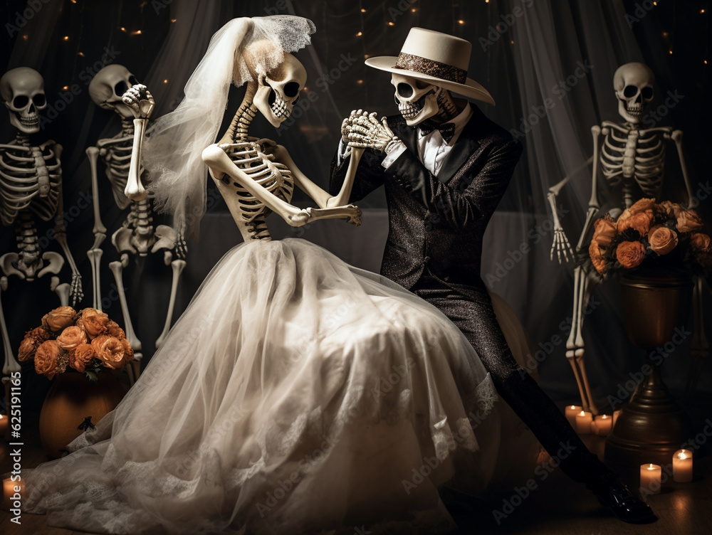 Scary smiling dancing skeletons in the costume of the bride and groom ...