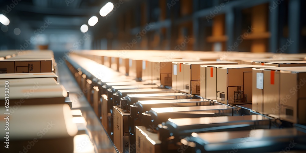 close up carton boxes on conveyor belt, warehouse for product storage ...