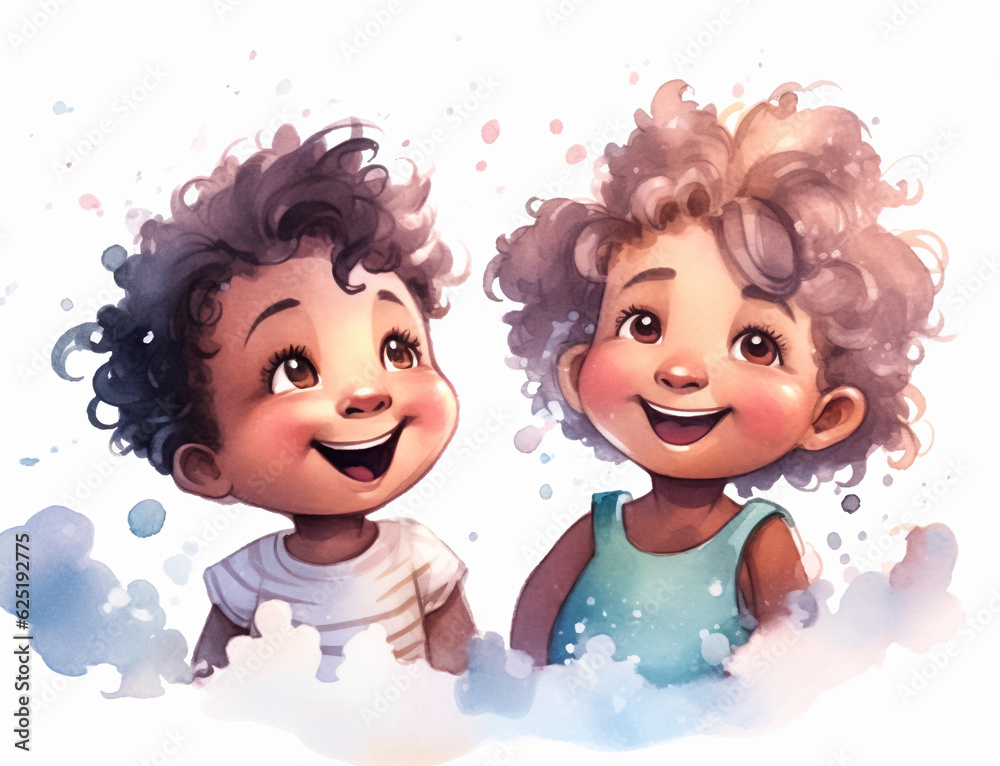 Watercolor illustration of two smiling little girls, cartoon kids ...