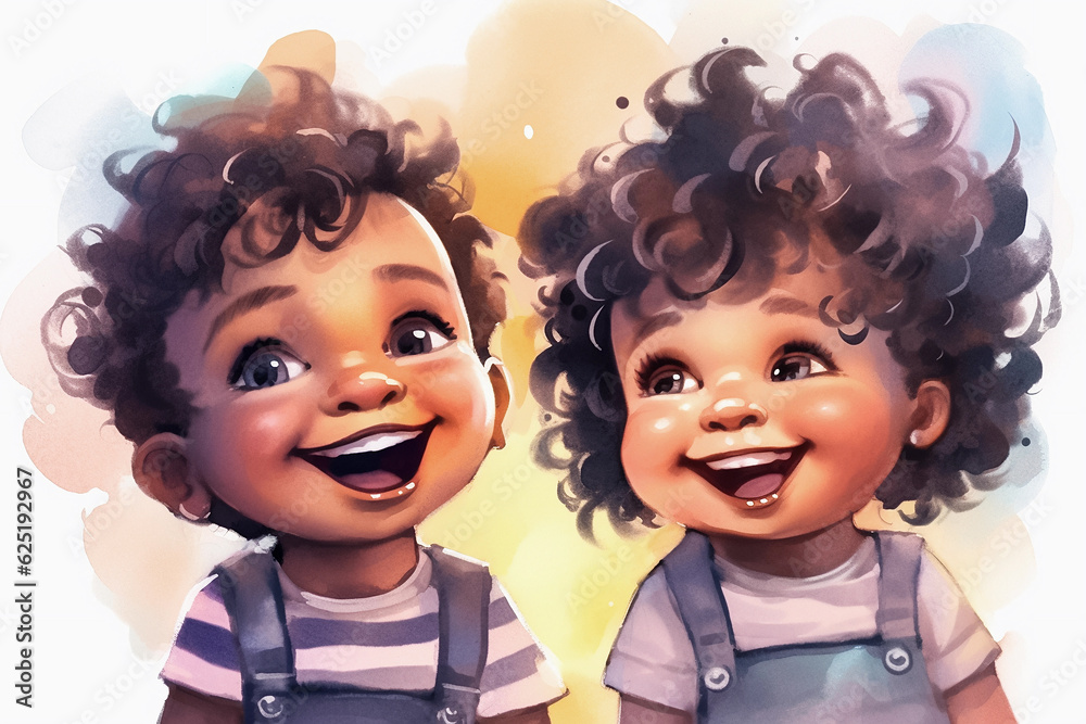 Watercolor illustration of two laughing kids, cartoon happy little ...
