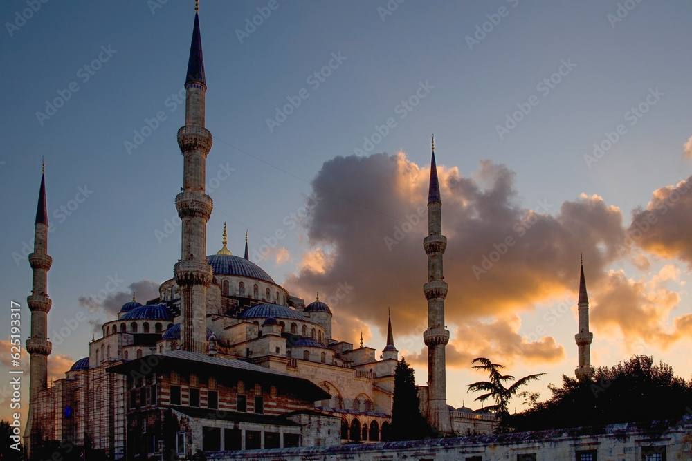 The Blue Mosque at sunset in the city of Istanbul in Turkey Stock Photo ...