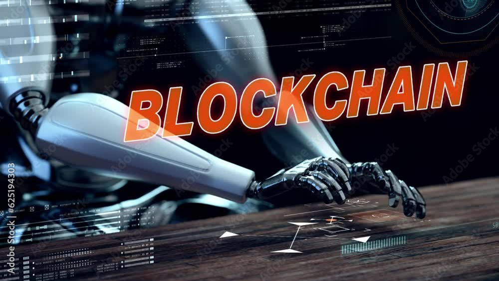 Blockchain type / text animated and integrated into a 3d scene of a AI ...
