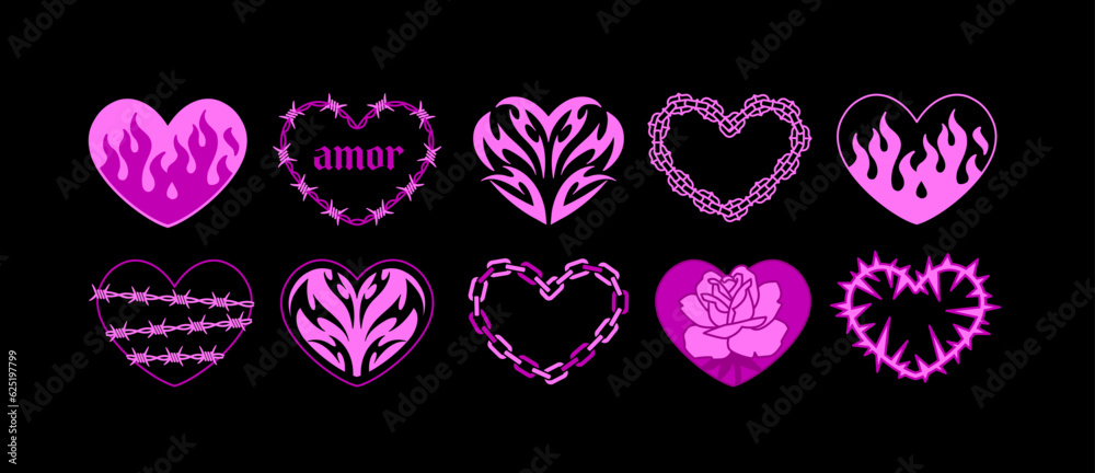 Y2k Gothic Punk Hearts tattoo art stickers set 4. Vector pink hearts ...