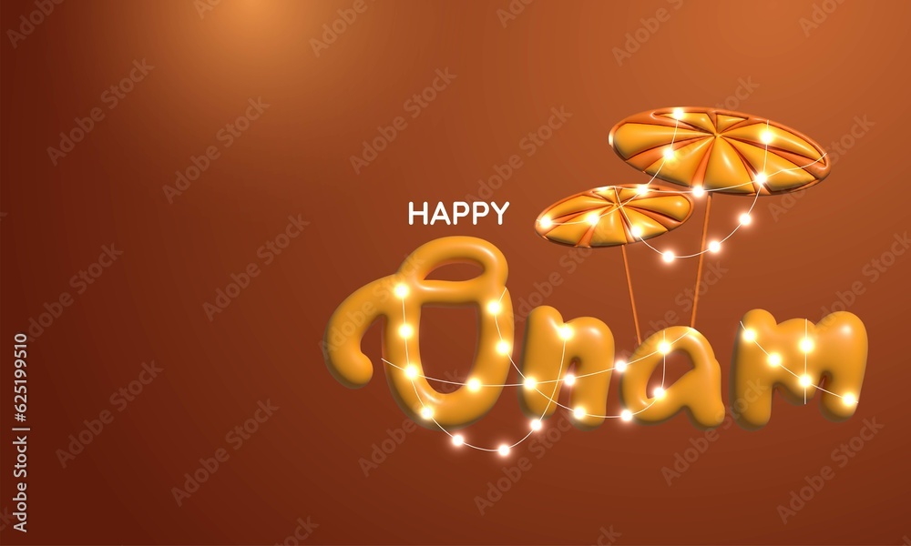 3D Vector Render of beautiful Onam text with Olakkuda ( Palm leaf ...
