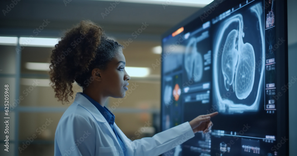 Confident black female neurologist/neuroscientist near the screen ...