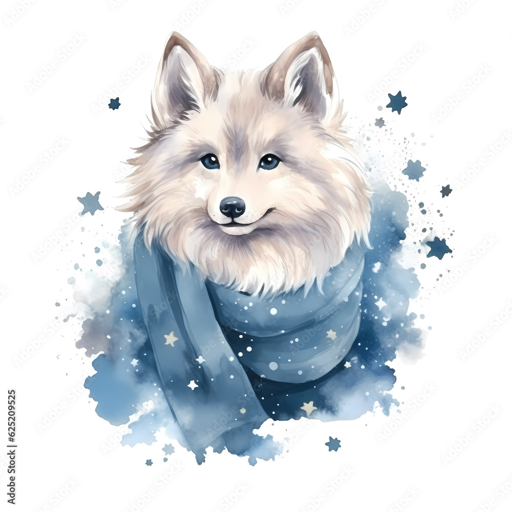 Watercolor clipart of a cute grey wolf in blue scarf, sparkles, cozy ...