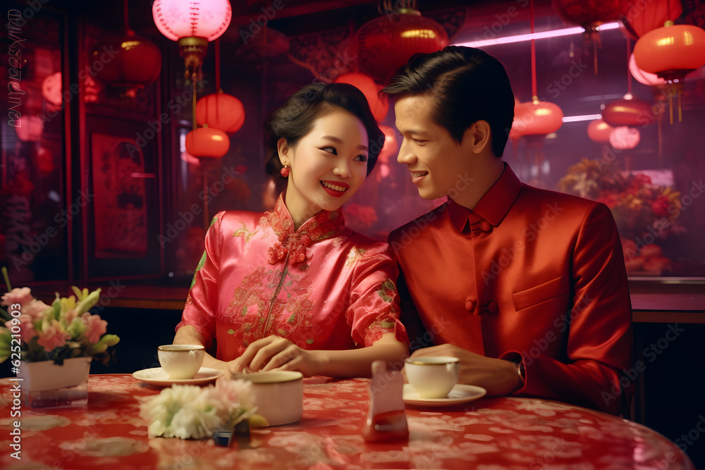 A Chinese couple in Chinese traditional wedding dress sitting and ...
