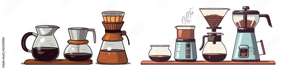 Coffee brewing equipment. Set of different types of drip coffee. Vector ...