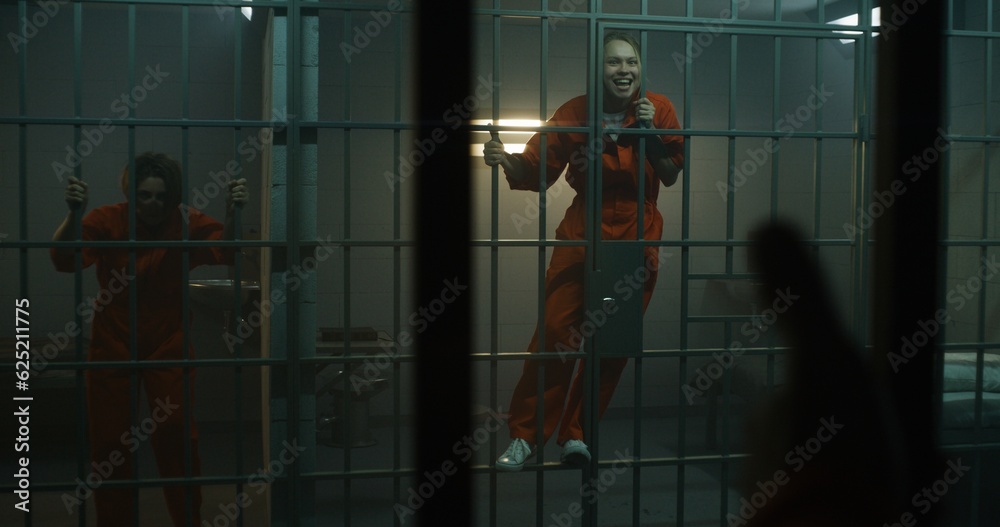 Aggressive female prisoner in orange uniform yells at neighbor inmate ...