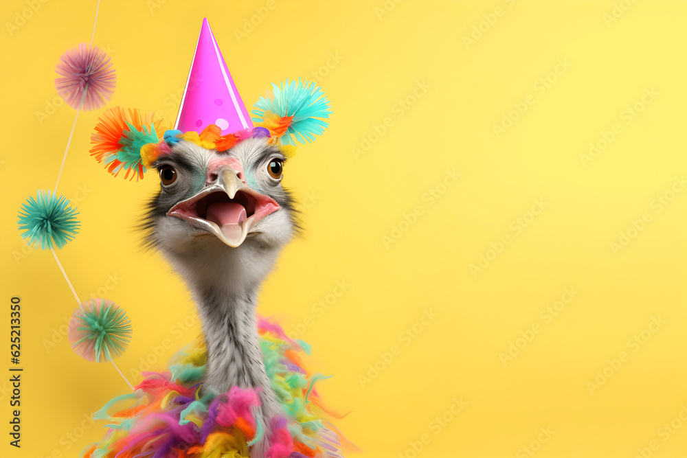 Creative animal concept. Emu bird in party cone hat necklace bowtie ...