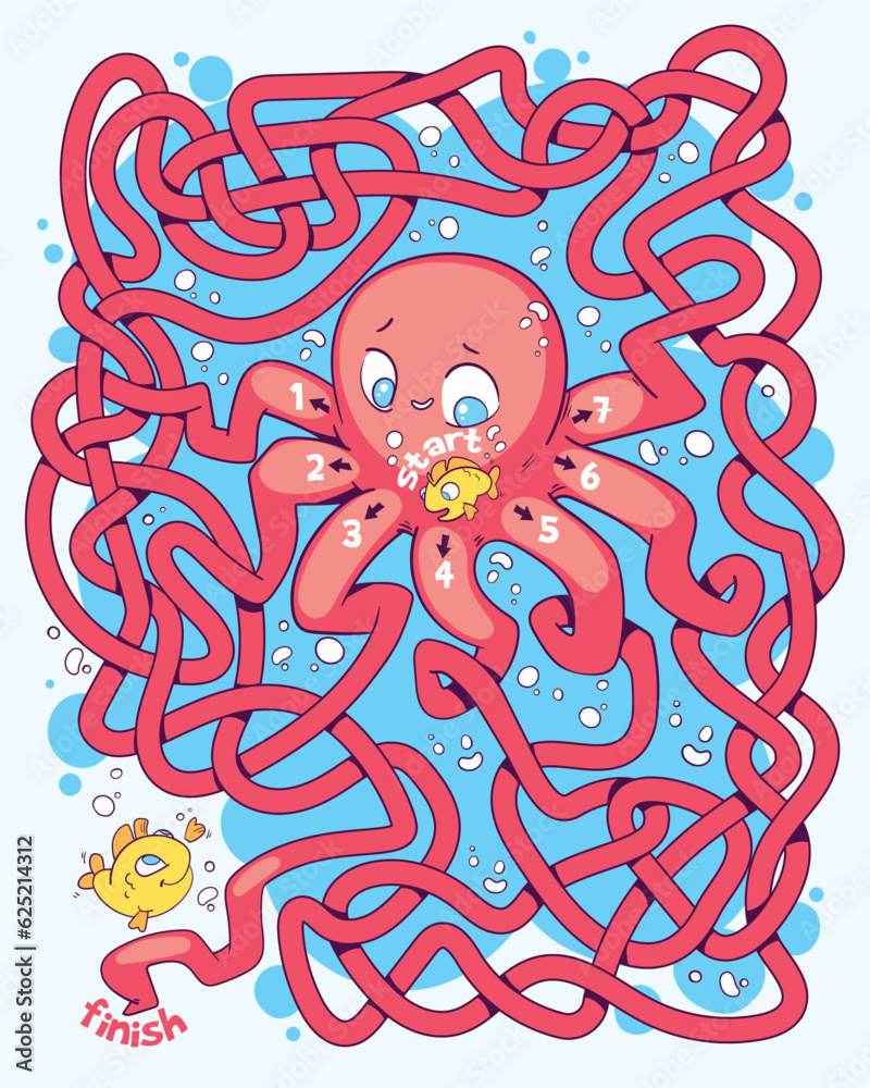 Cute octopus with long tangled tentacles. Children logic game to pass the maze. Educational game ...