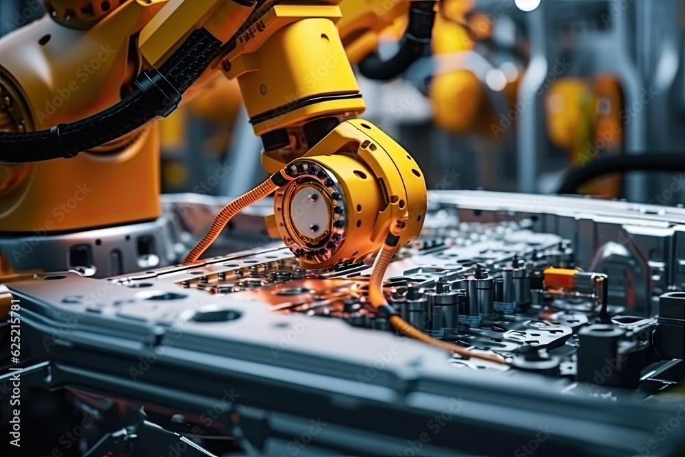 Orange Robotic arm manufacturing Electric vehicle battery at a giga ...