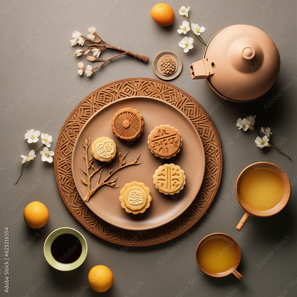 Mid-autumn festival mooncake minimalist style tea party table. Flat lay ...
