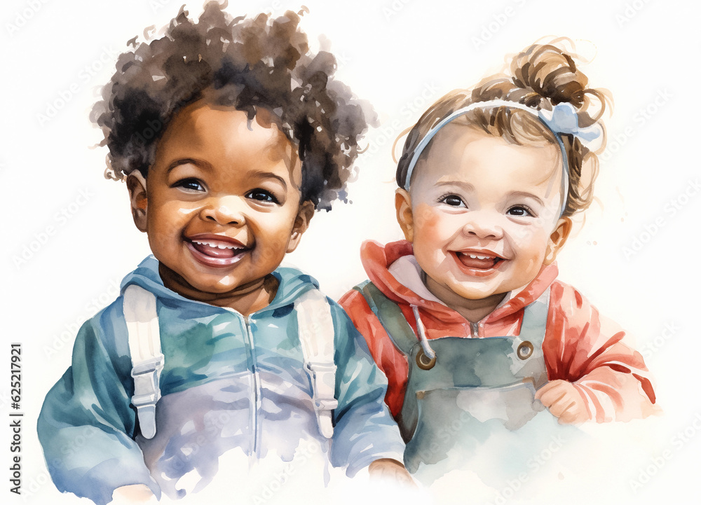 Watercolor portrait of smiling little boy and girl. Happy kids clipart ...