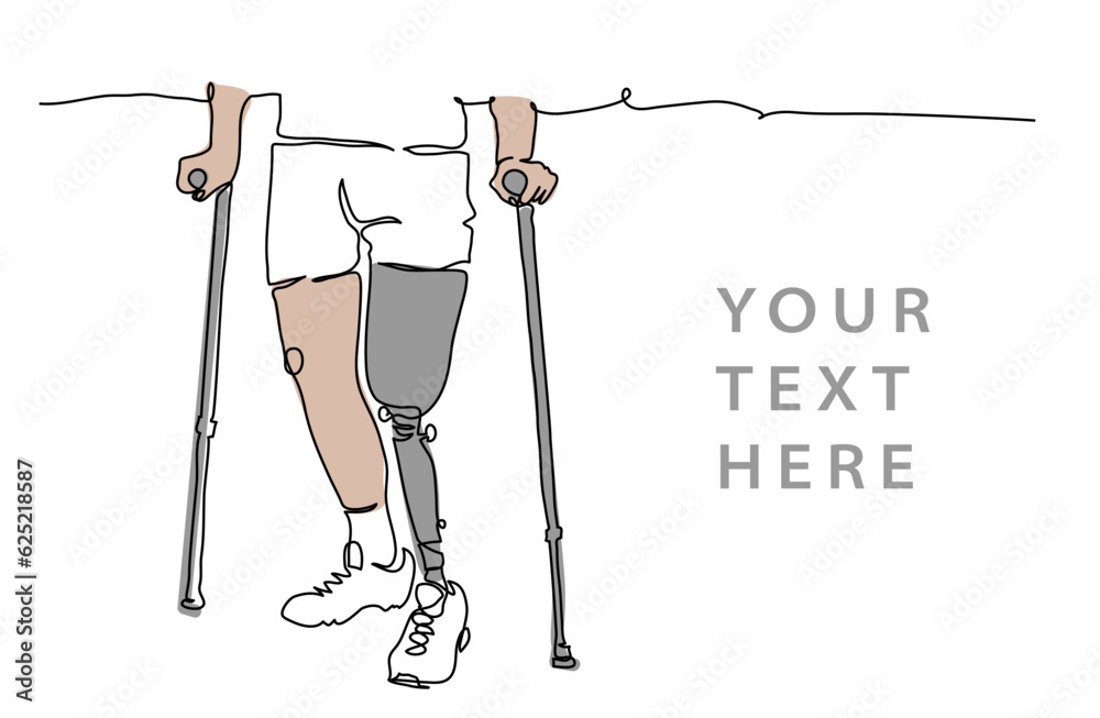 Vetor de Person with prosthetic leg, artificial foot, limb use crutches ...