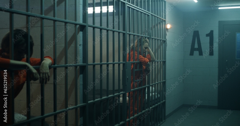 One female prisoner in orange uniform stands behind metal bars, another ...