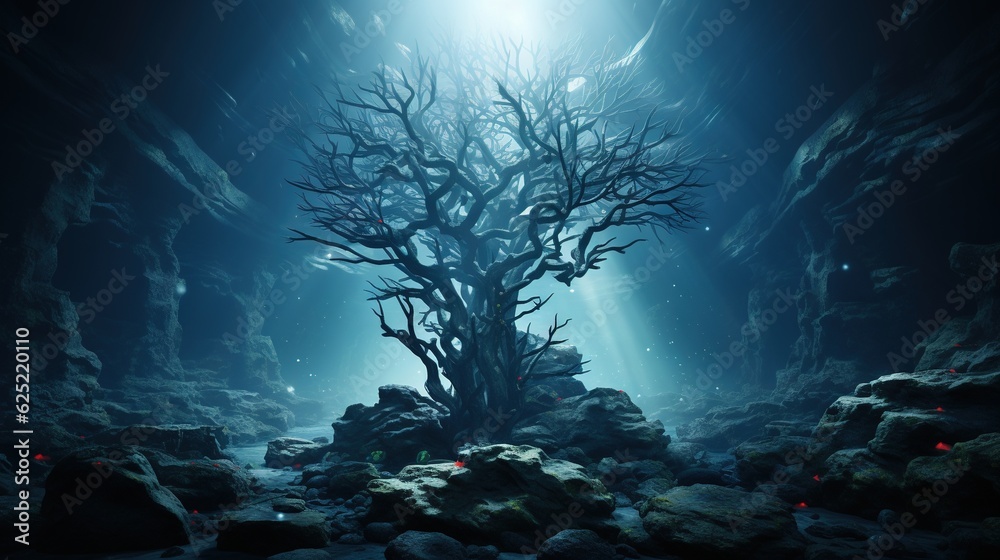 an underwater scene of a tree in a cave with rocks. generative ai Stock ...