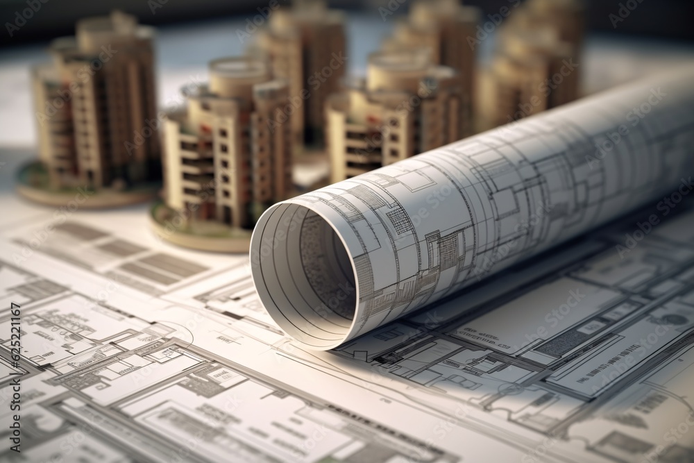 Rolls of construction drawings on the background of the building ...