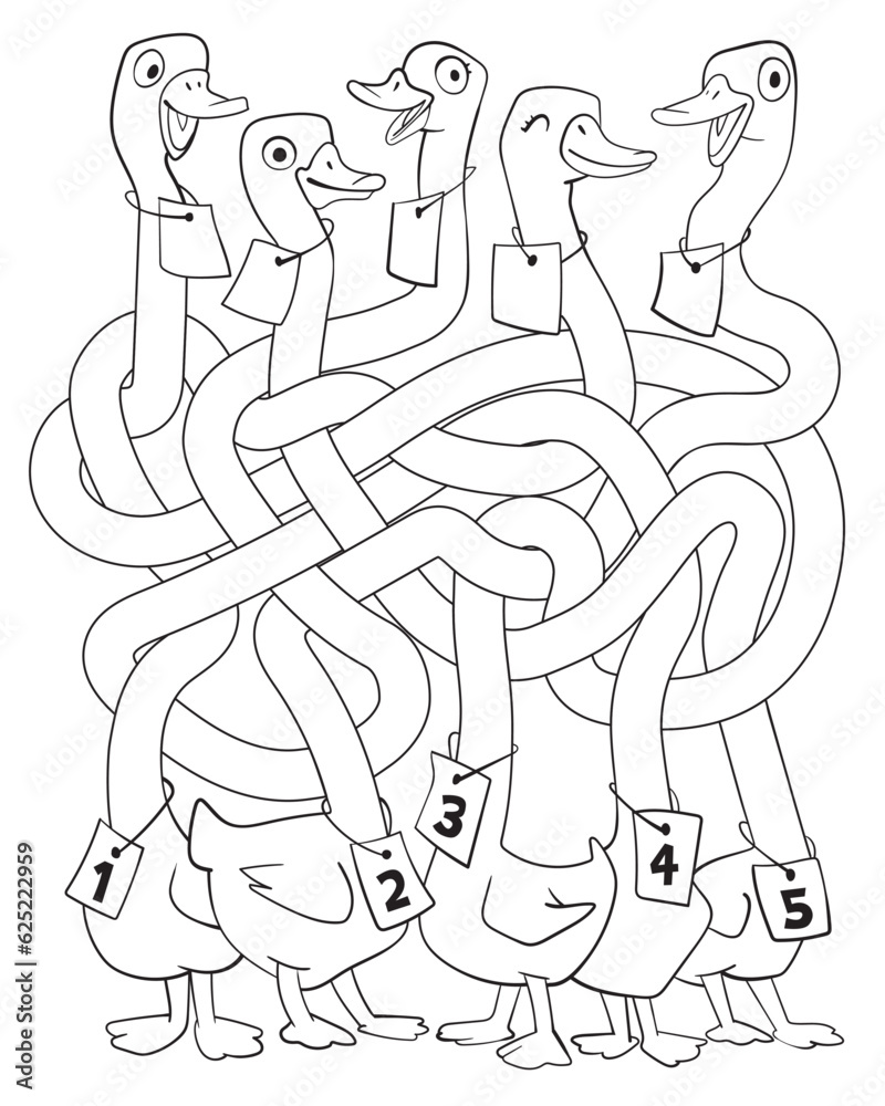 Funny geese with long, tangled necks. Children logic game to pass the ...