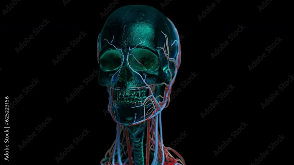 3d animation of nerves and veins on the facial skull X-ray style. veins ...