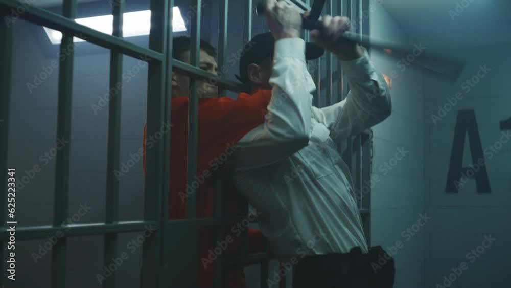 Cinematic shot of male prisoner strangling prison officer, taking keys ...