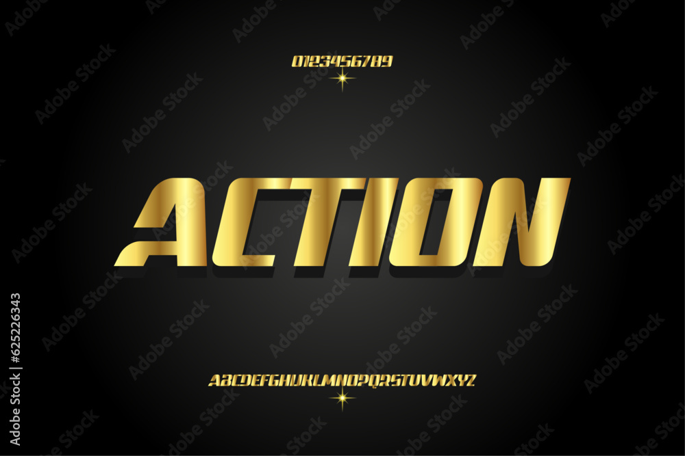 ACTION, Elegant golden alphabet letters font set. Classic Custom gold ...