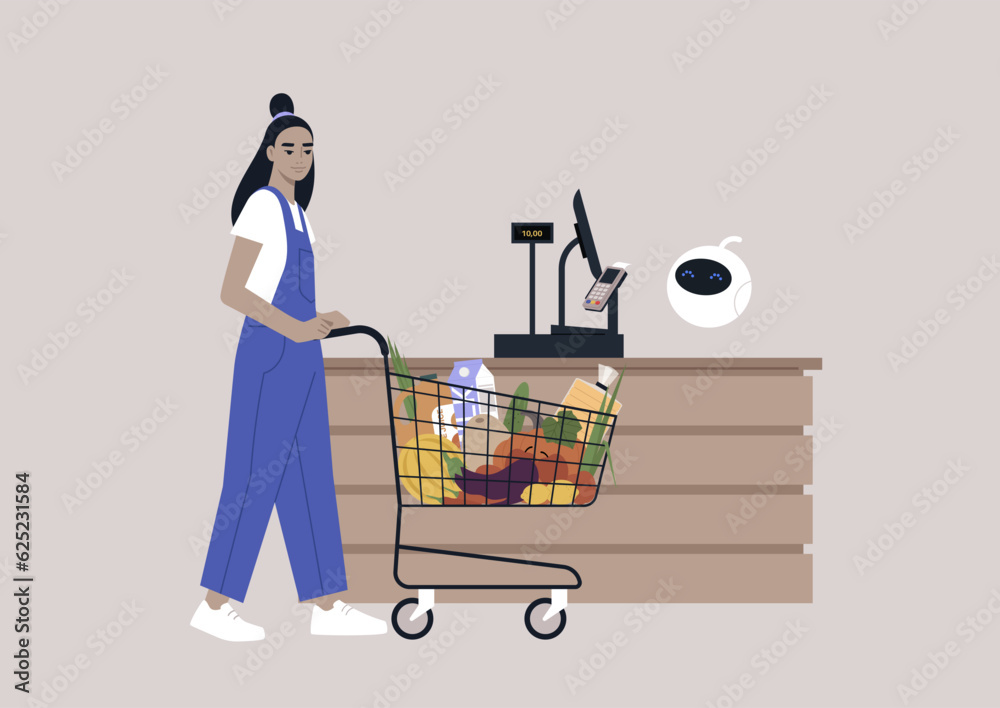 Supermarket cash register, a young character with a trolley cart at the ...