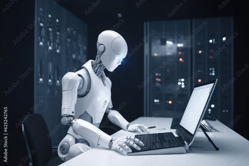 White Ai robot working and looking on monitor screen computer lab, high-tech artificial ...