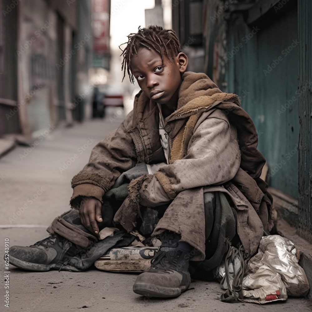 Homeless black child begging in neglected clothes Child poverty in the ...