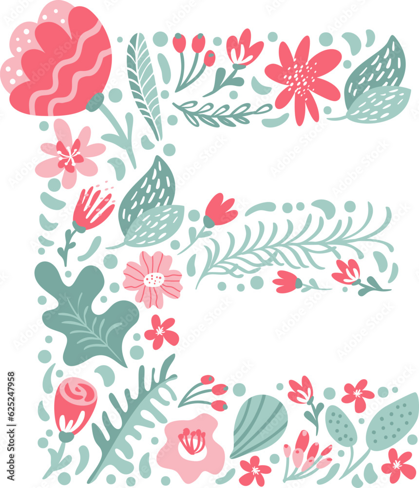Vector Hand Drawn Font Letter E with Flowers and Branches Blossom ...
