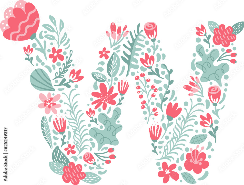 Vector Hand Drawn Font Letter W with Flowers and Branches Blossom ...