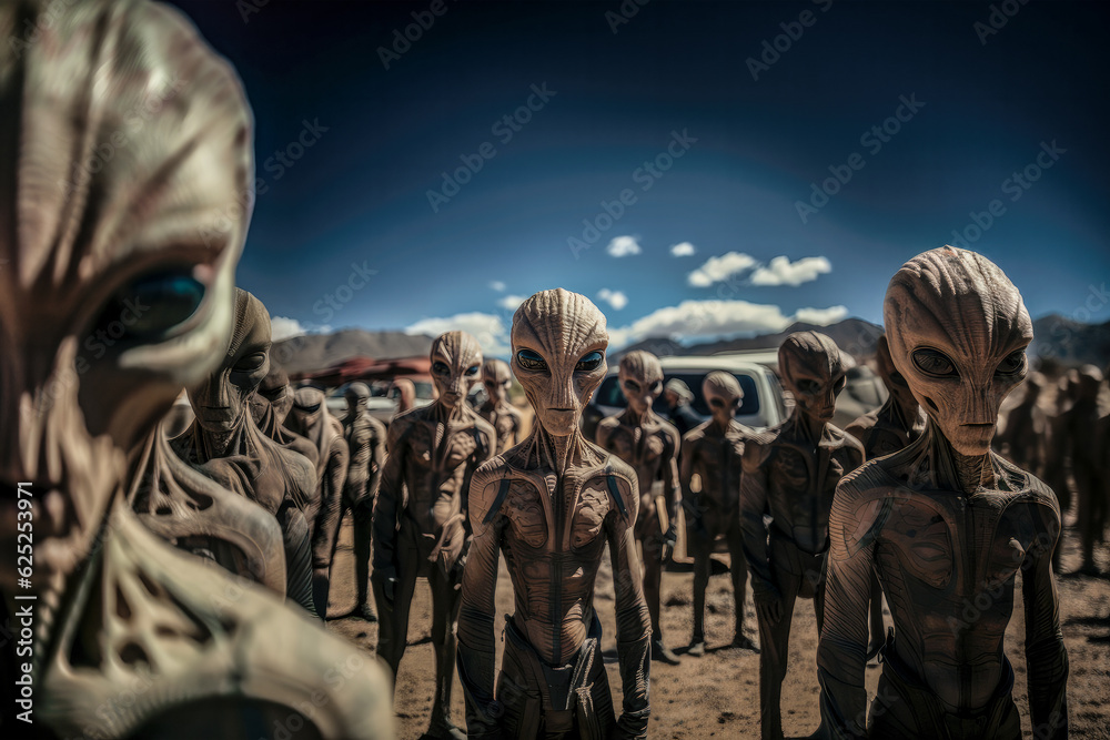 Generative AI illustration of many aliens with black eyes arriving to ...