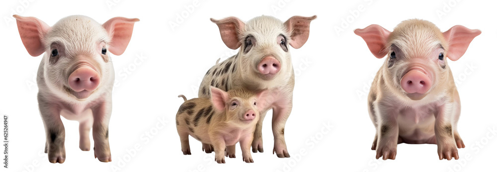 Set of little pigs. A big pink pig and a small baby pig. A young pig is ...