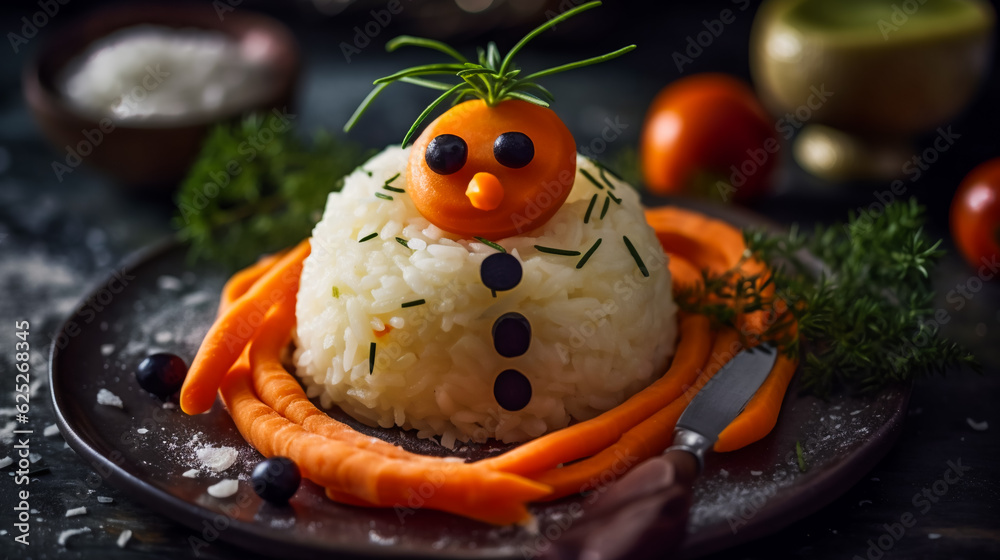 Rice snowman with vegetable buttons and a carrot nose. AI Generated ...